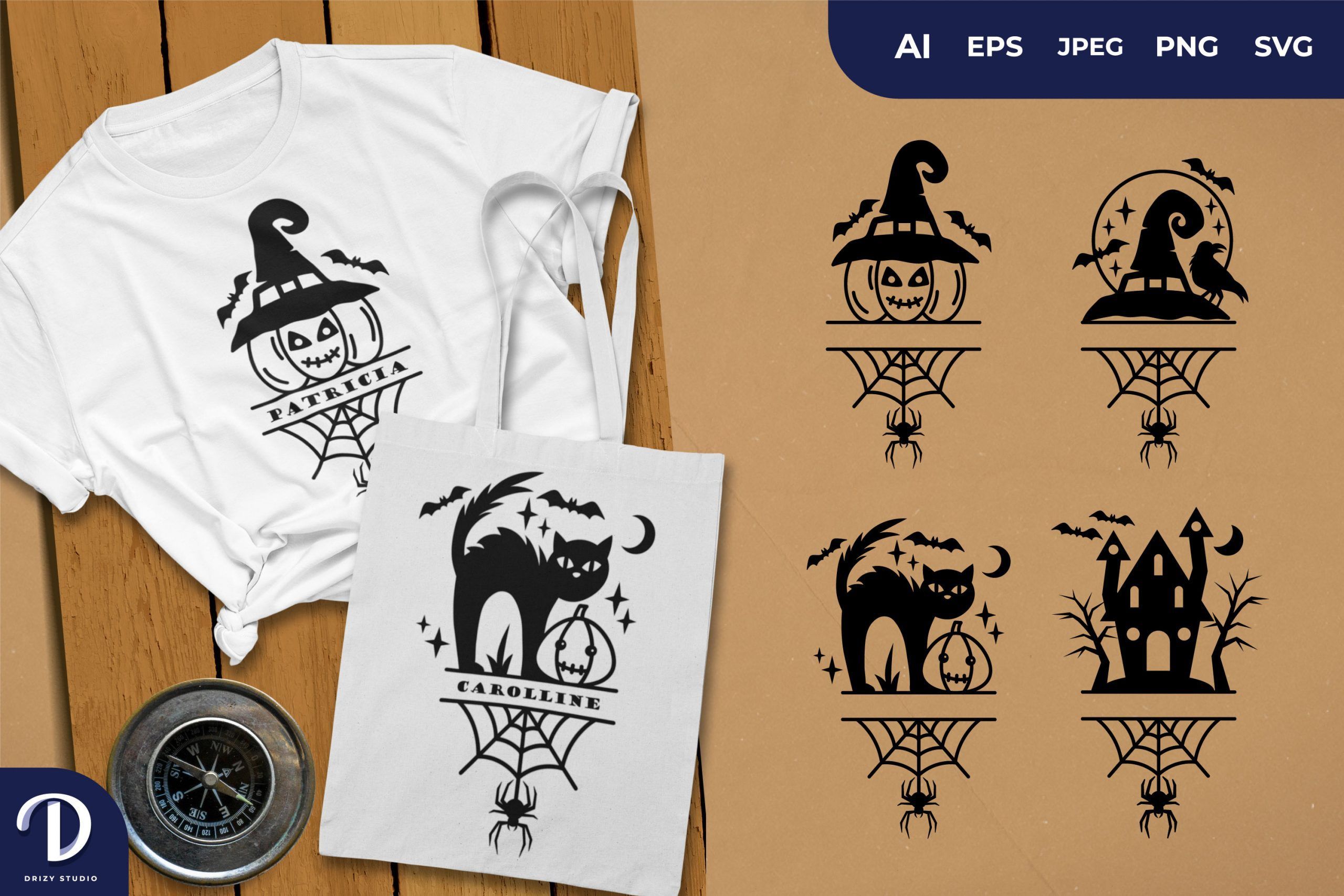 Halloween Elements with Spider Web, Split Monogram Set | Drizy Craft